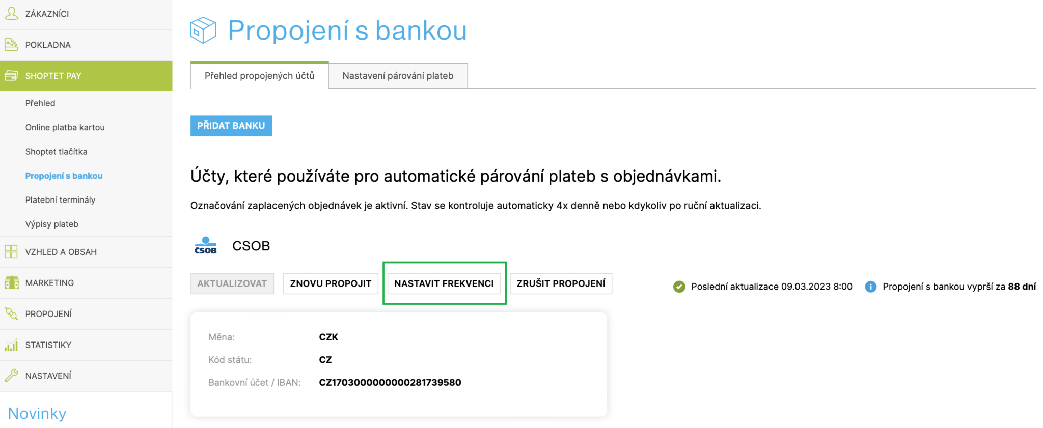 Základní nastavení propojení s bankou - Shoptet Pay Podpora